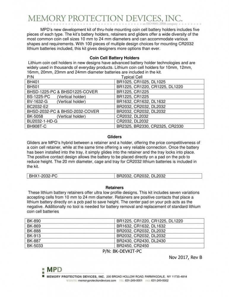 BK-DEVKIT-PC coin cell holder evaluation kit documentation page 1