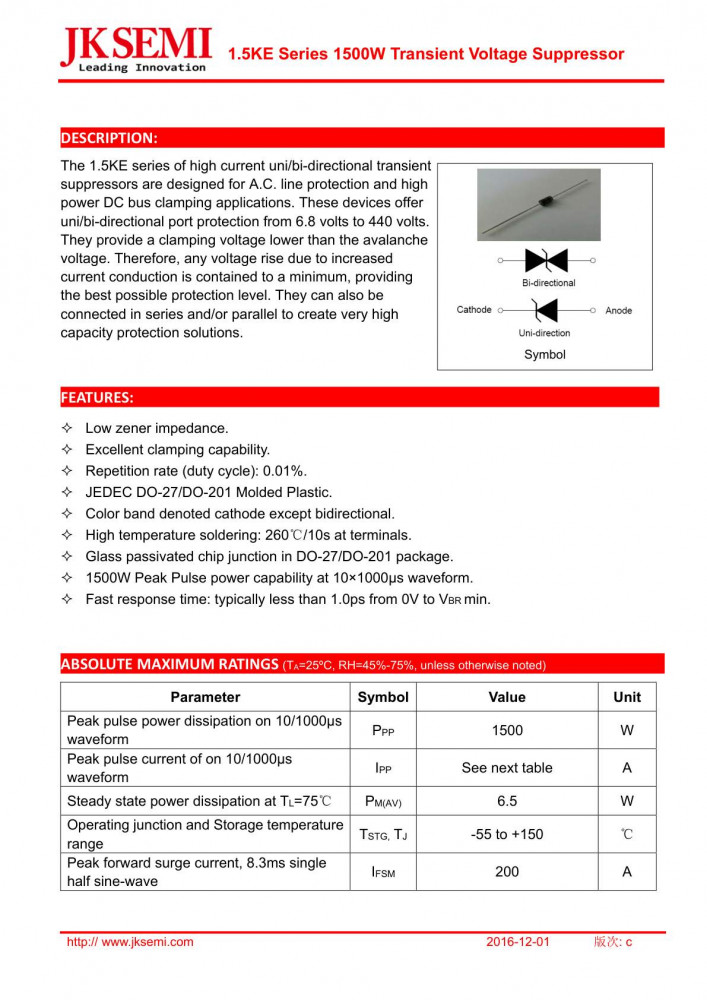 JKSEMI 1.5KE22A datasheet page 1