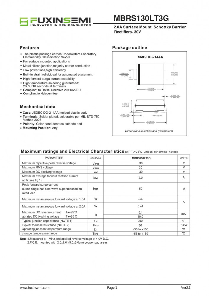 MBRS130LT3G-F datasheet page 1