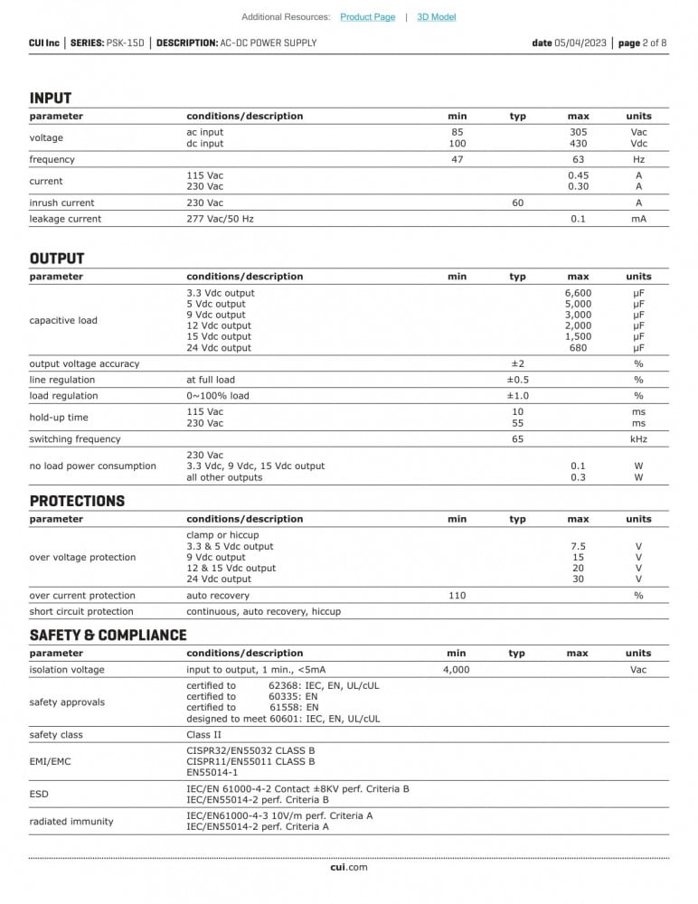 PSK-15D series datasheet page 2