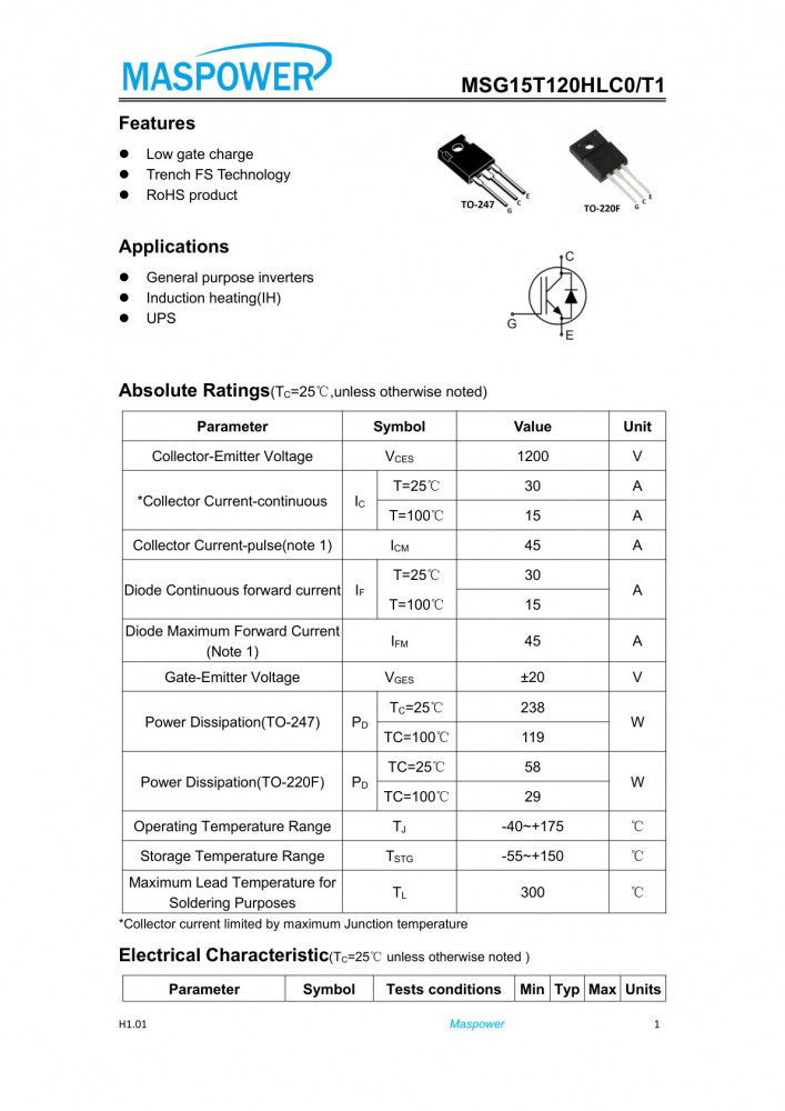 MSG15T120HLT1 datasheet page 1
