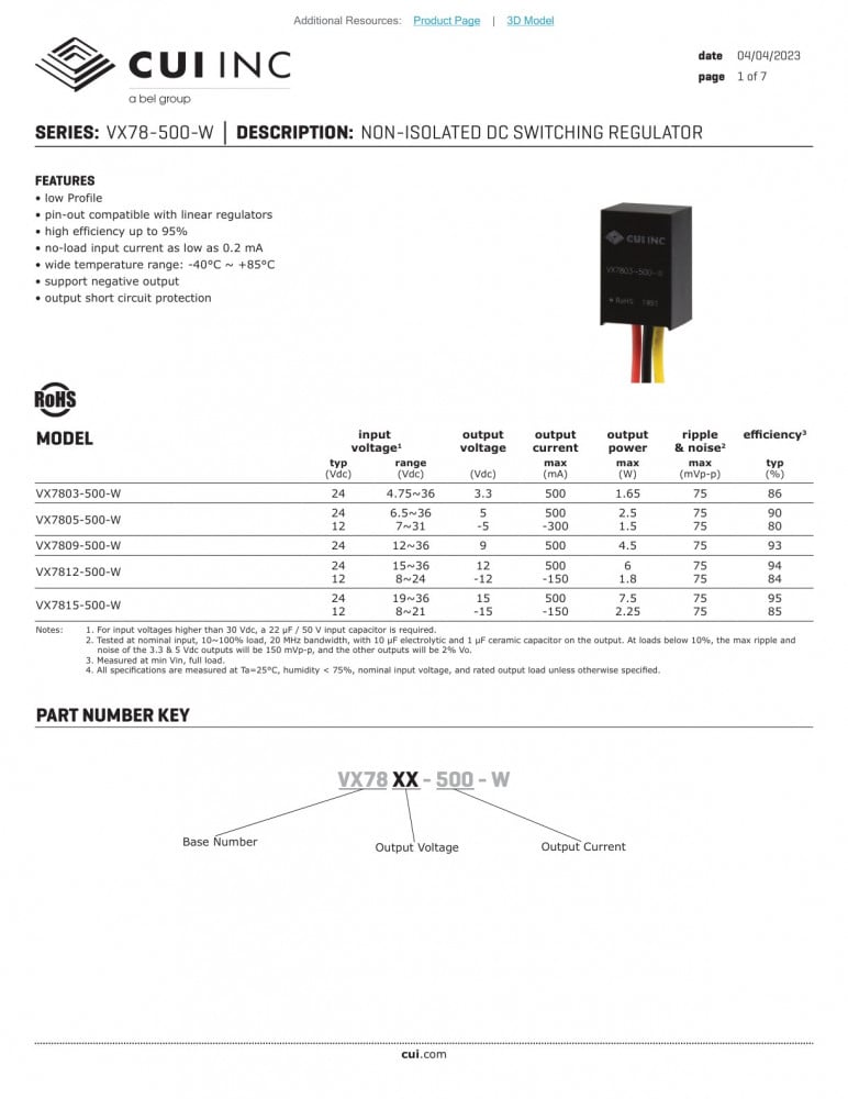CUI VX7812-500-W datasheet page 1