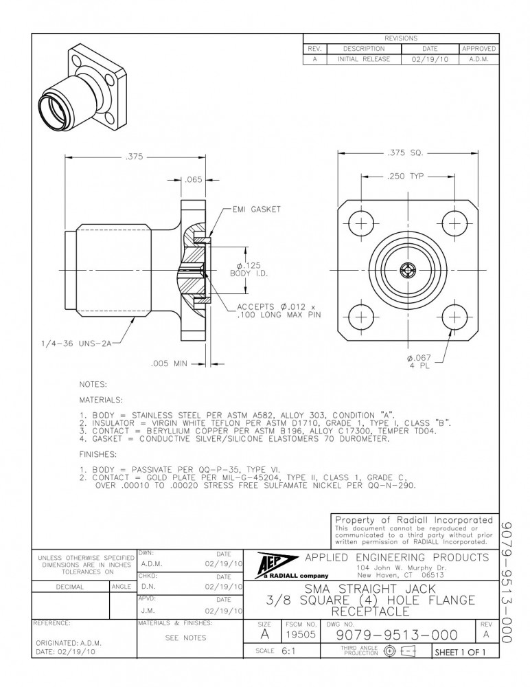 Radiall 9079-9513-000 SMA straight jack square four-hole flange receptacle drawing