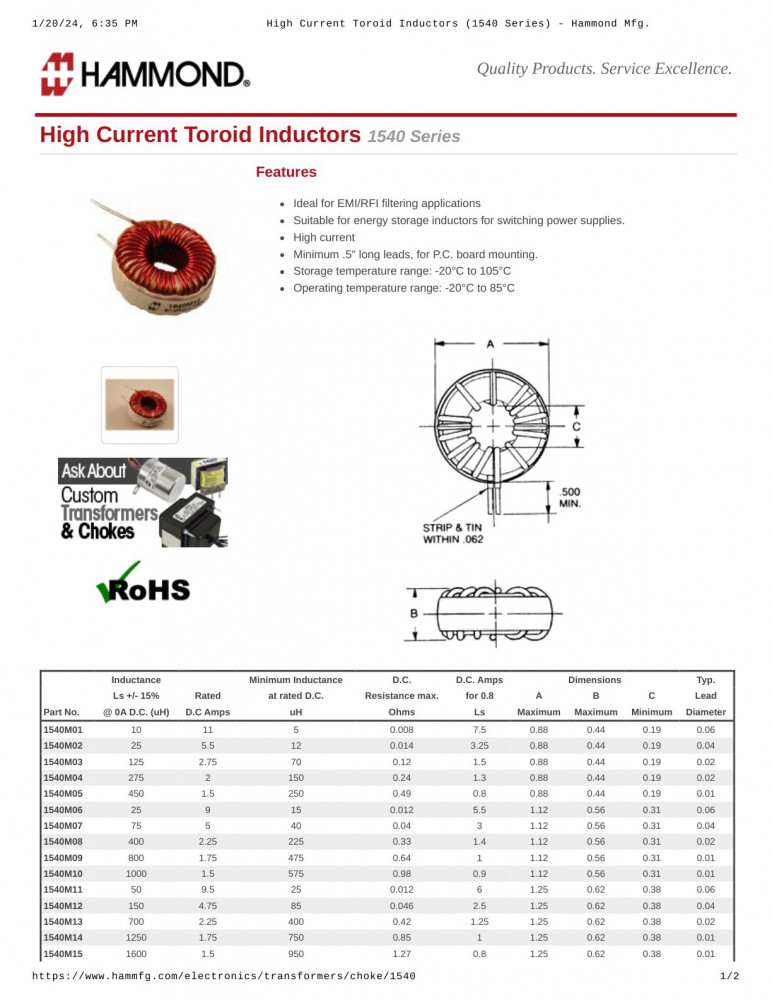 Hammond 1540 Series technical document page 1