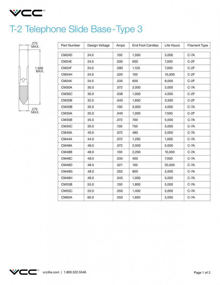 VCC T-2 miniature bayonet lamp documentation, page 1