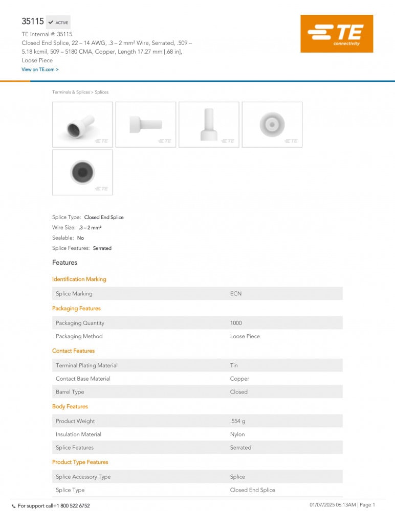 TE Connectivity 35115 technical document page 1