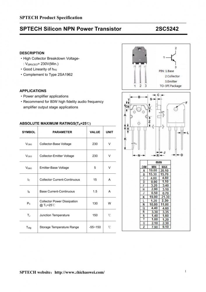 2SC5242 technical datasheet page 1