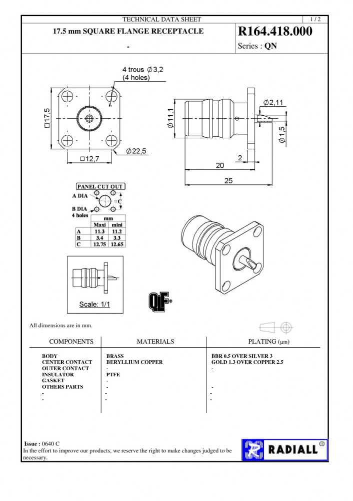 Radiall R164418000 technical datasheet page 1