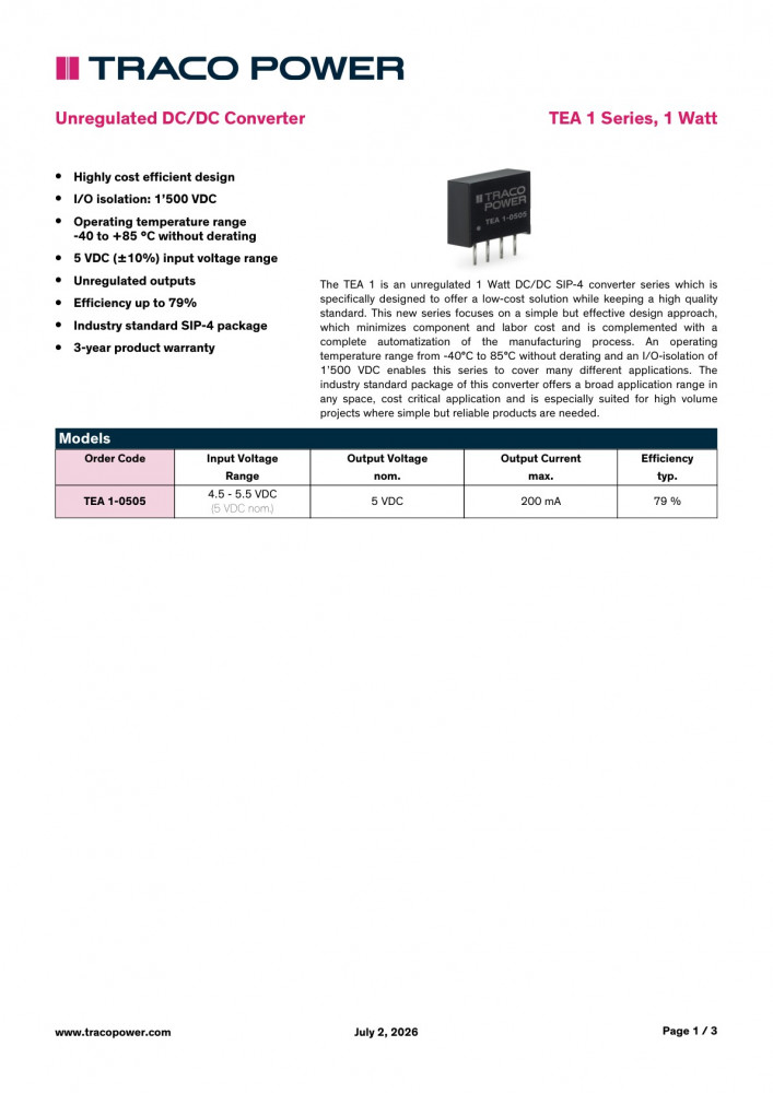 TEA 1 series technical document page 1