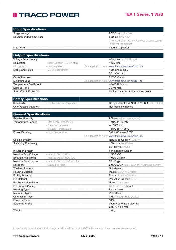 TEA 1 series technical document page 2