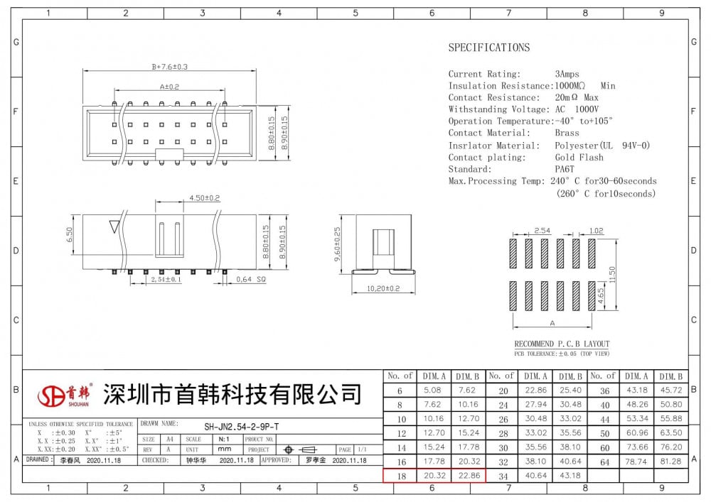 SH-JN2.54-2-9P-T technical drawing