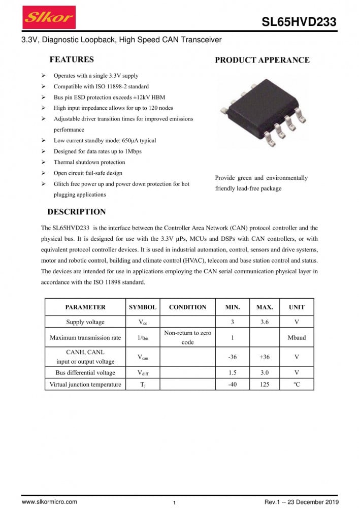 SL65HVD233DR datasheet page 1