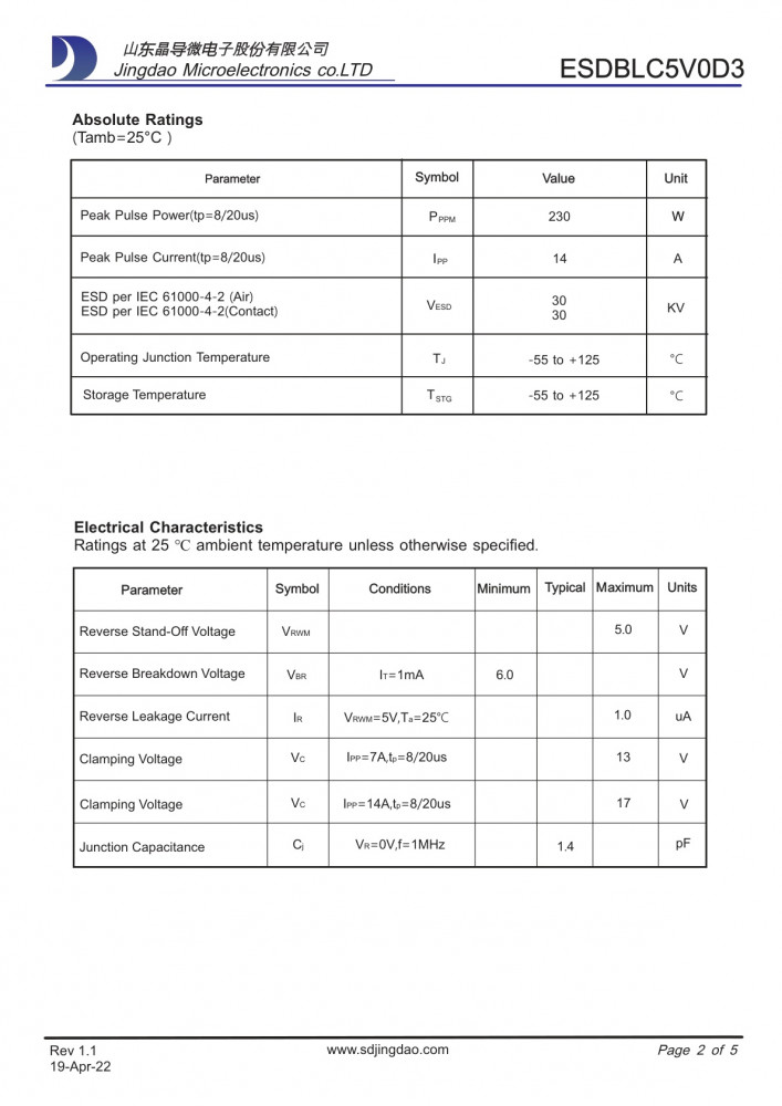 ESDBLC5V0D3 datasheet page 2