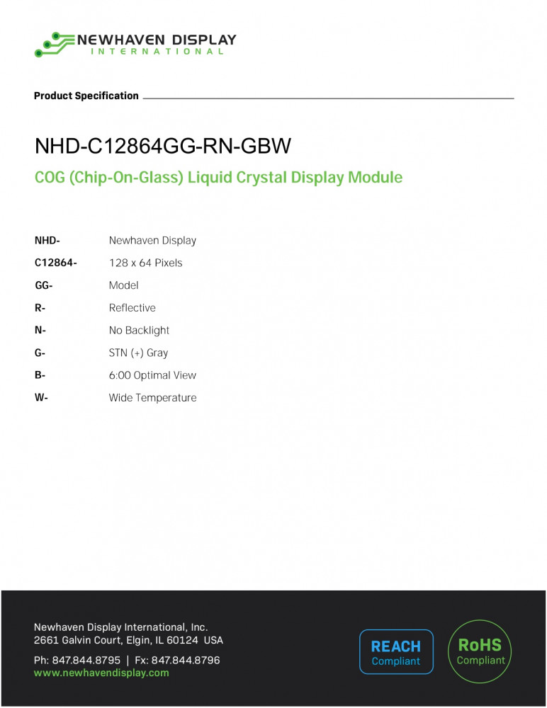 NHD-C12864GG-RN-GBW technical document page 1
