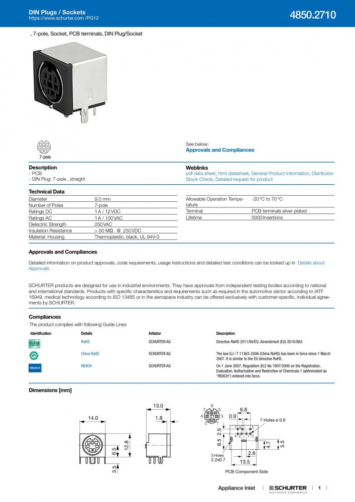 SCHURTER 4850.2710 datasheet page 1