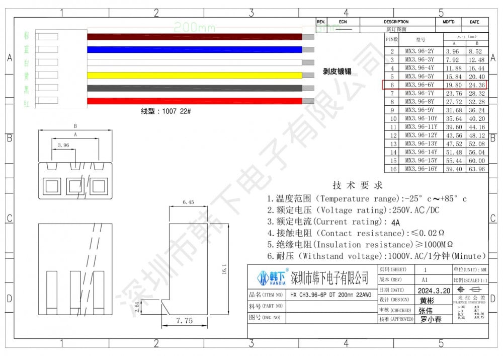 HANXIA HX CH3.96-6P DT 200mm 22AWG technical drawing