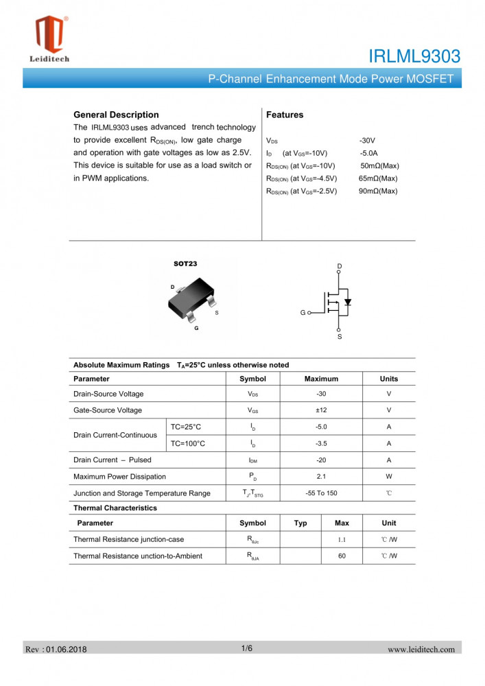 IRLML9303 datasheet page 1