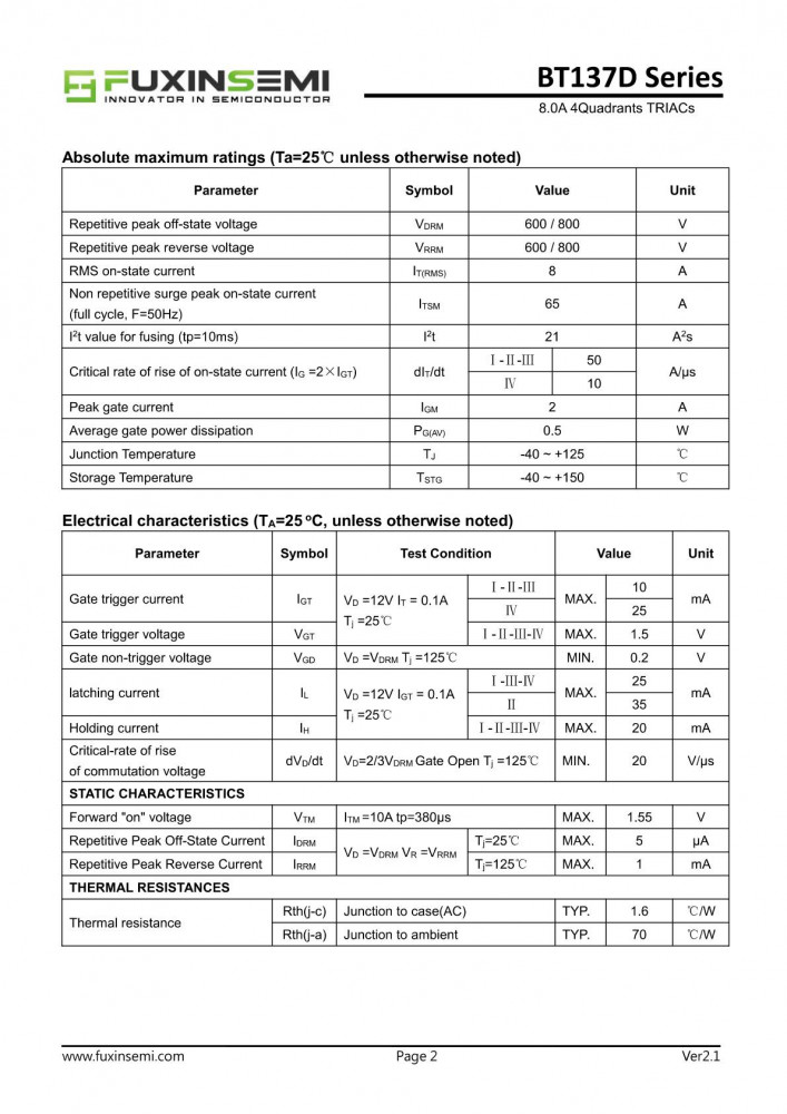 BT137D-800E datasheet page 2