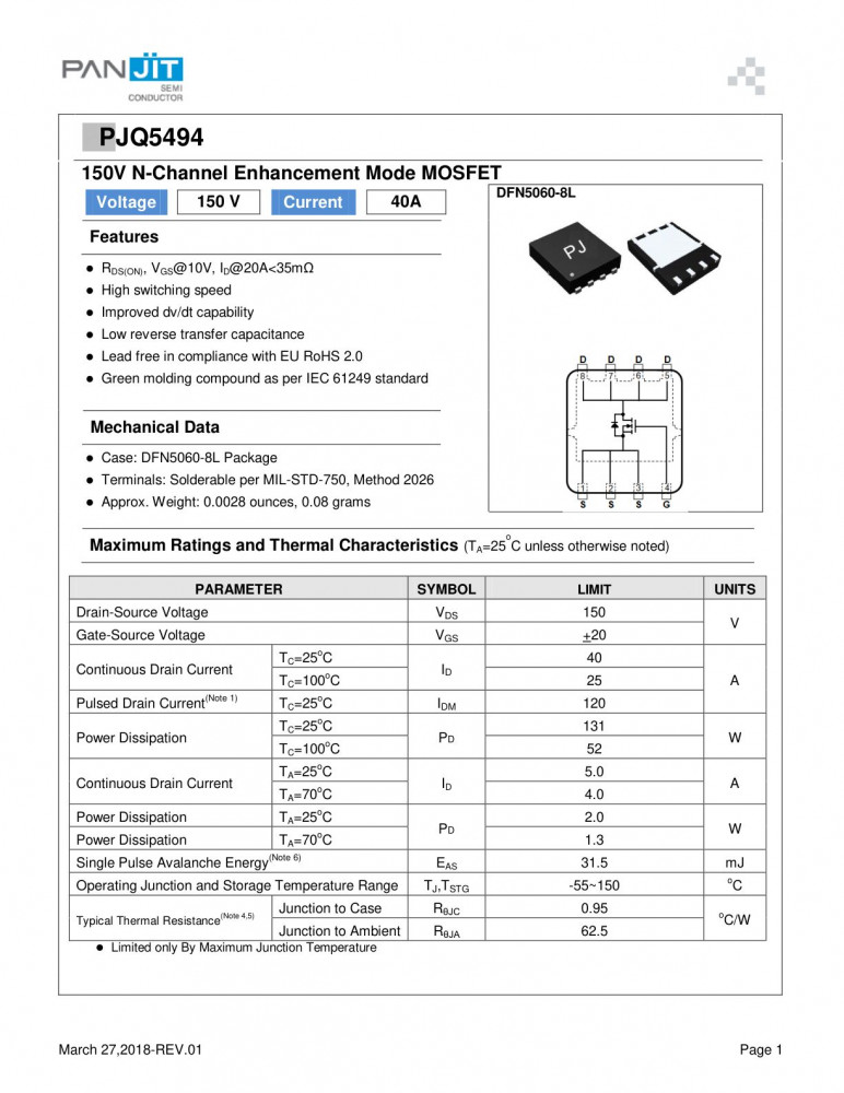 PJQ5494 datasheet page 1
