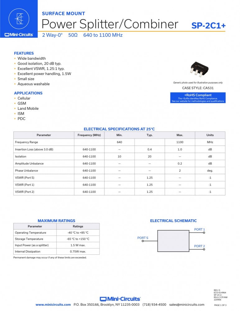 SP-2C1+ datasheet page 1
