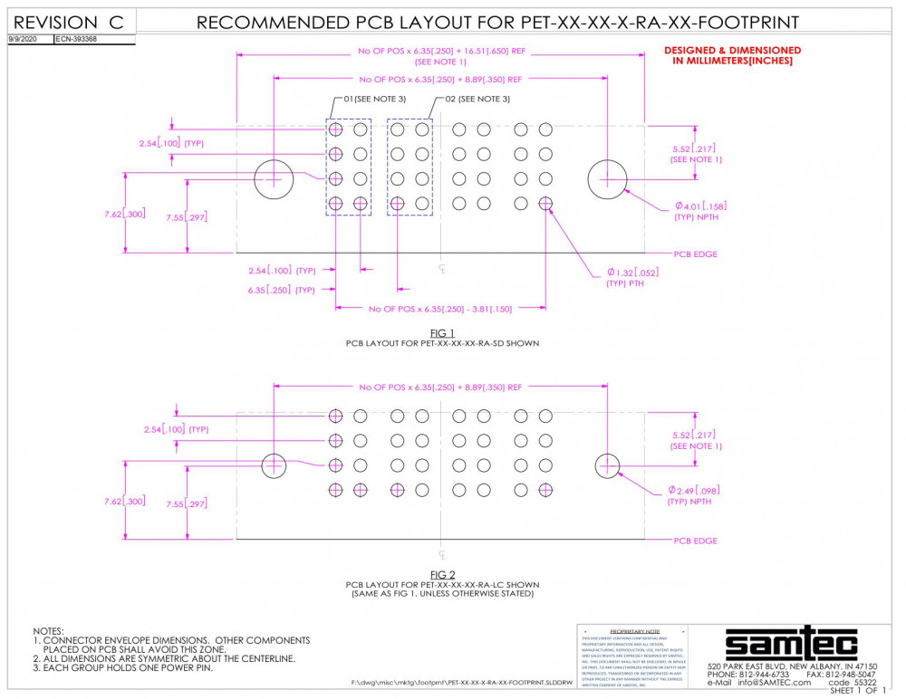 Samtec PET footprint drawing, Revision C