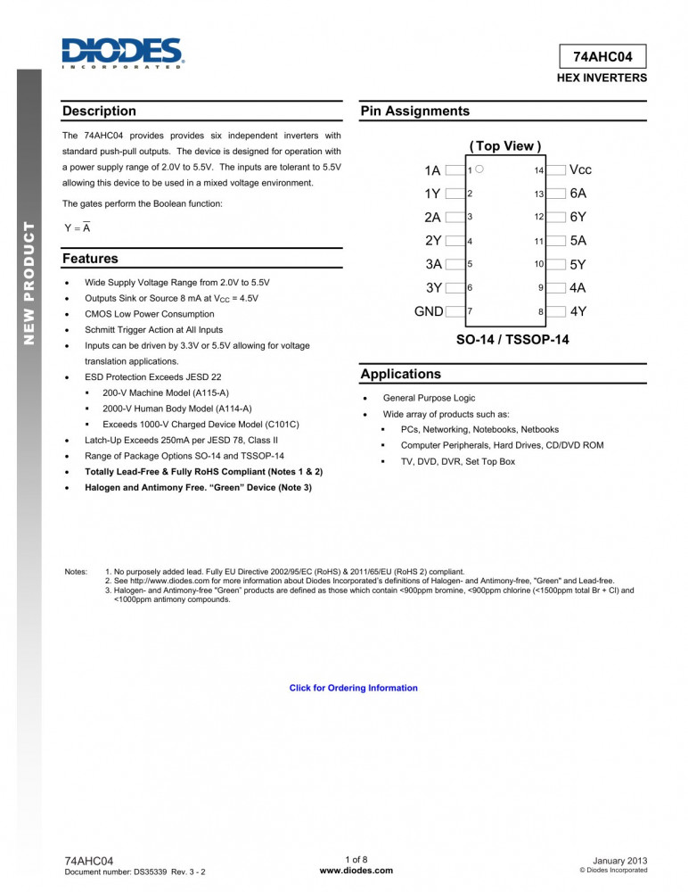 74AHC04S14-13 datasheet page 1