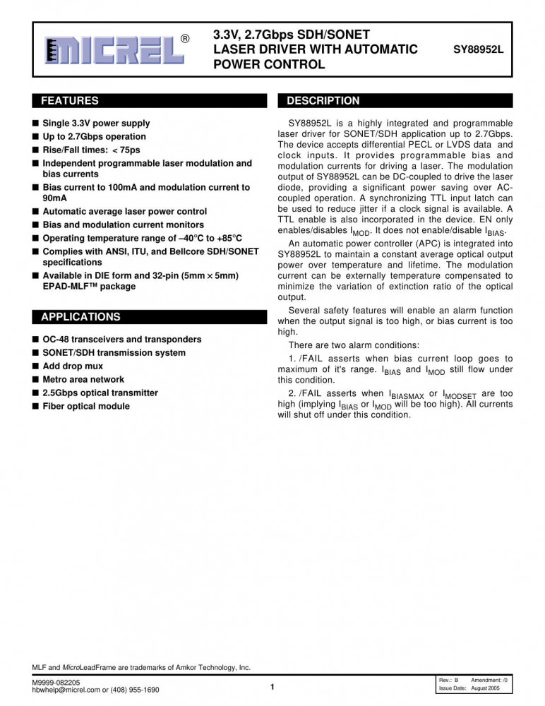 SY88952LMI datasheet page 1