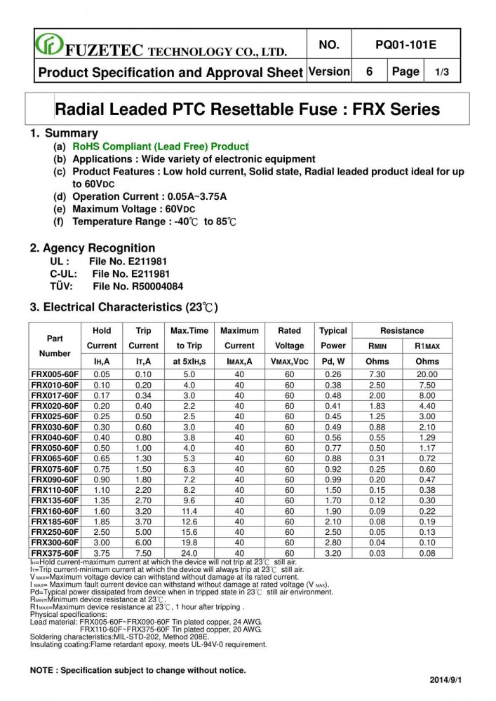 FUZETEC FRX Series specification sheet page 1