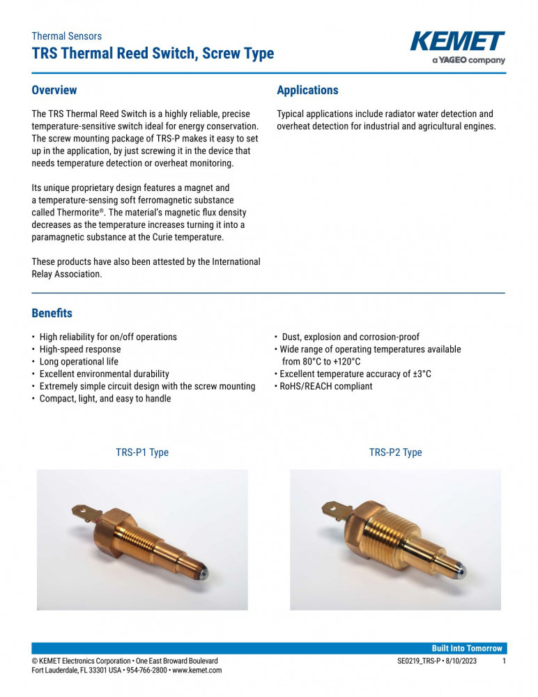 KEMET TRS thermal reed switch datasheet page 1