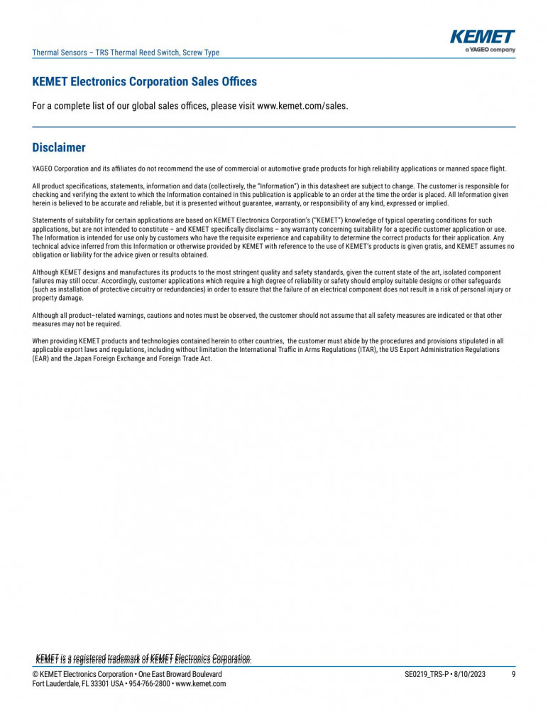 KEMET TRS thermal reed switch datasheet page 9