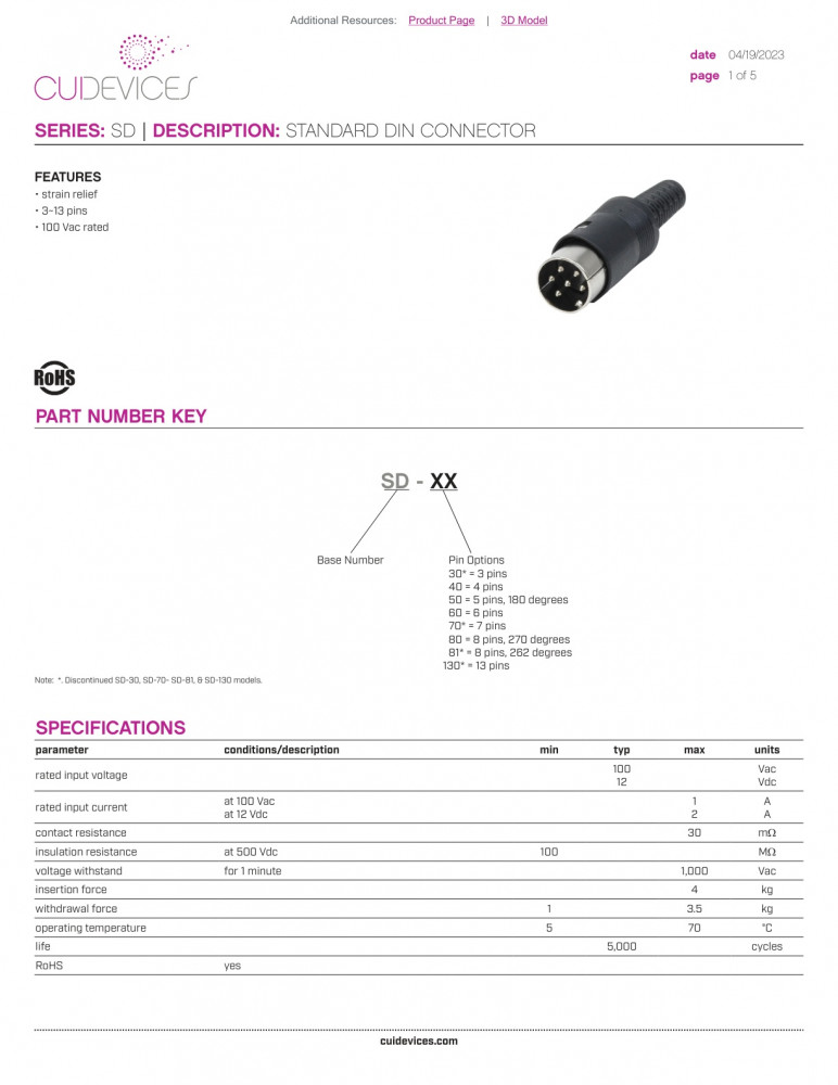 CUI SD-130 datasheet page 1