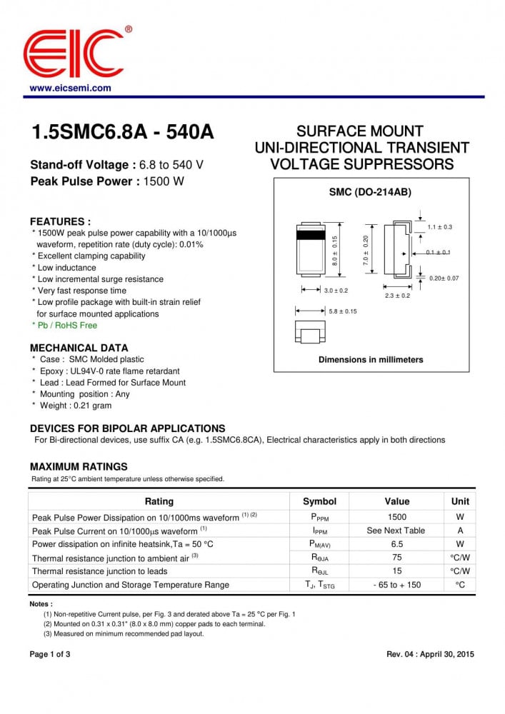 EIC 1.5SMC68A datasheet page 1