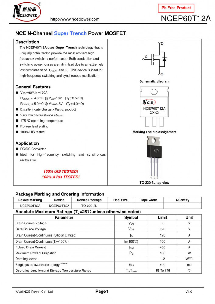 NCEP60T12A datasheet page 1