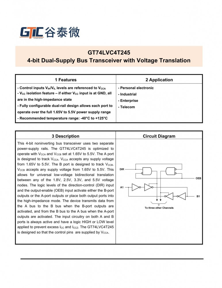 GT74LVC4T245TE datasheet page 1