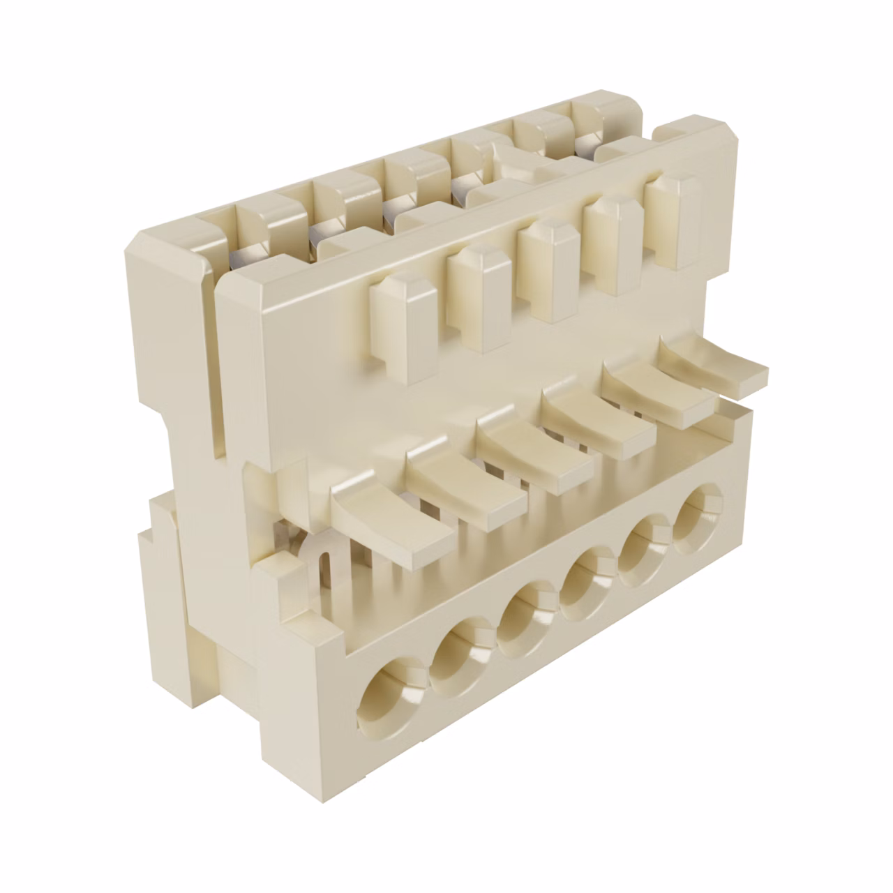 Appli-Mate RAST 2.5 Connector, 2.50mm Pitch, Female, 6 Circuits, Positions A and G Removed, Polarizing Rib Between 2/3, Locking Pips, Slotted Endwalls, Tin Plating