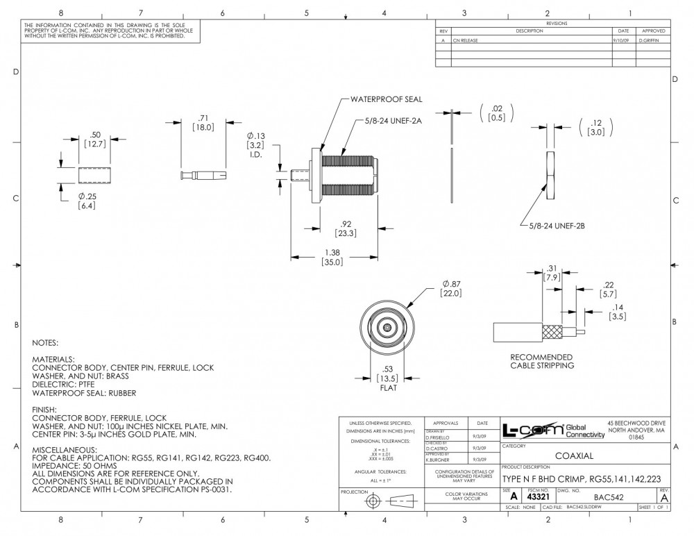 L-com BAC542 Type N female bulkhead crimp connector drawing
