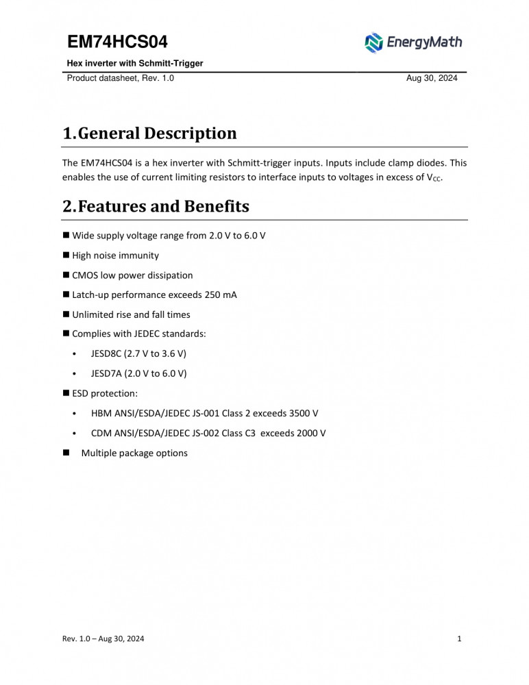 EM74HCS04PW datasheet page 1