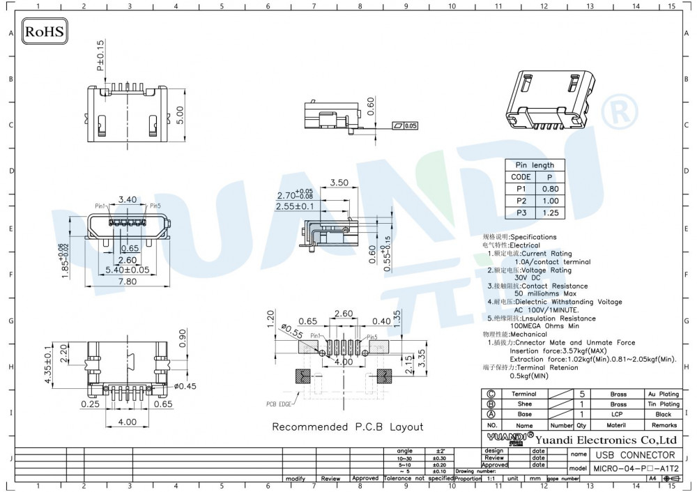 MICRO-04-P1-A1T2 USB connector technical drawing