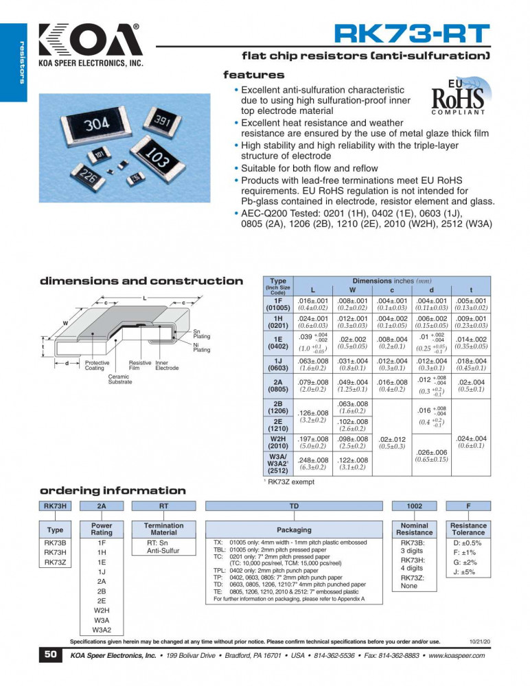 KOA RK73Z technical document page 1