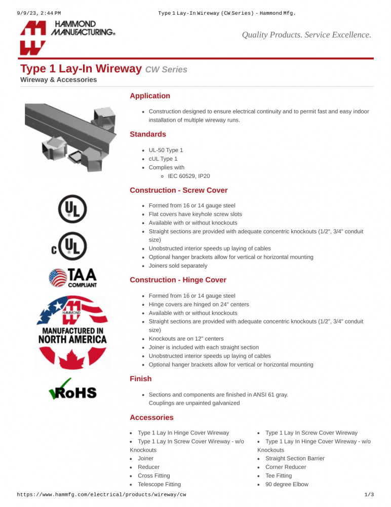 Hammond CW Series wireway documentation page 1