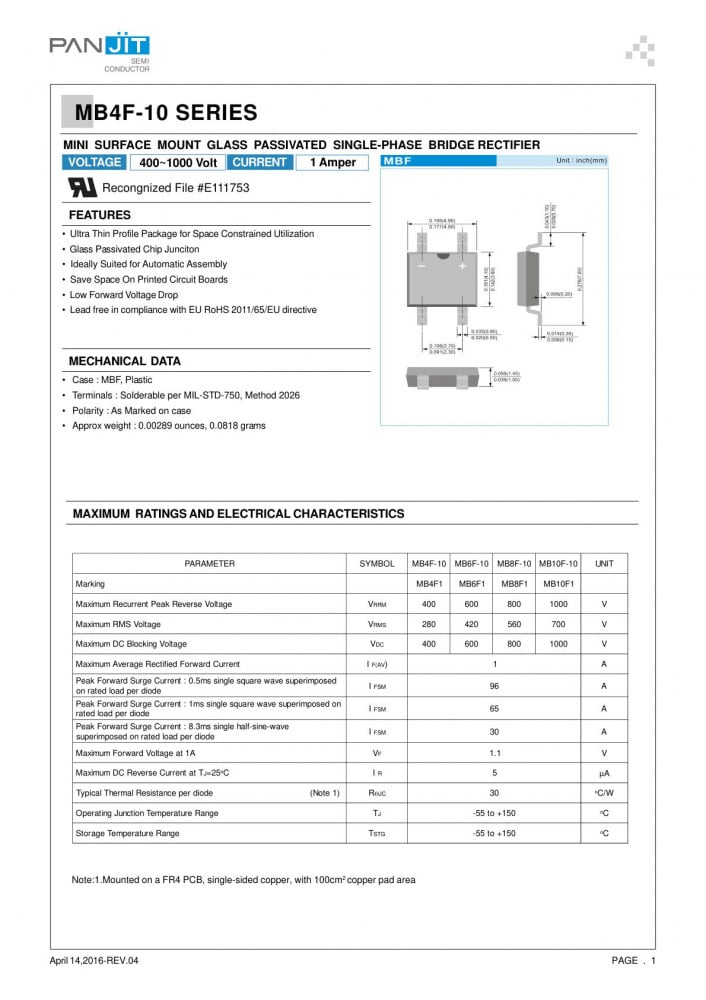 PANJIT MB6F-10 series datasheet page 1