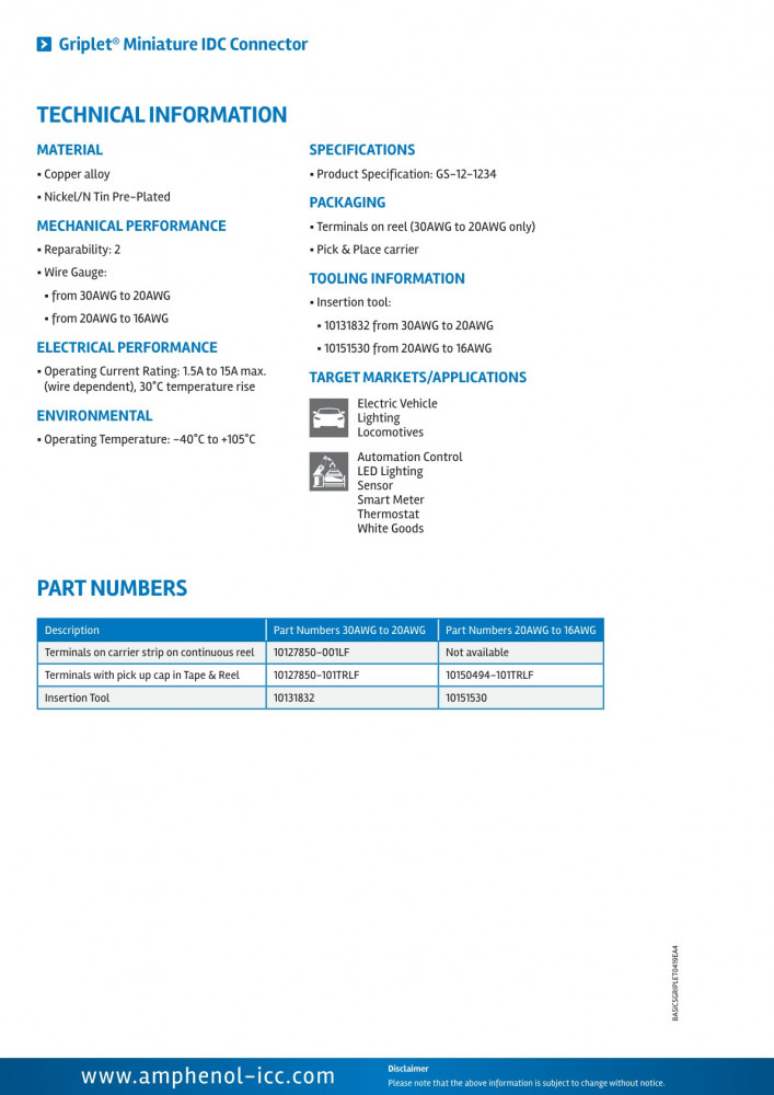 Amphenol Griplet miniature IDC connector technical document page 2