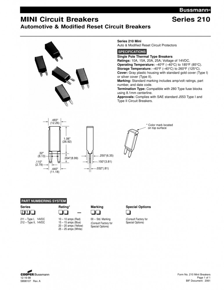 EATON Series 210 Mini circuit protector documentation page