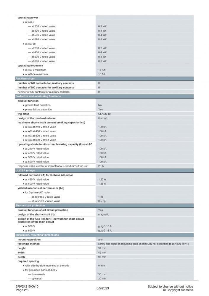 3RV24210KA10 datasheet page 2