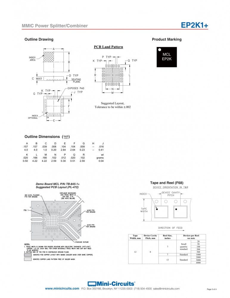 EP2K1+ package drawing and PCB land pattern