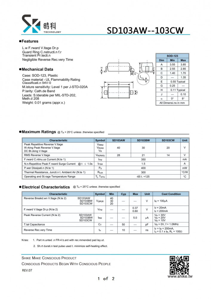 SD103CW datasheet page 1