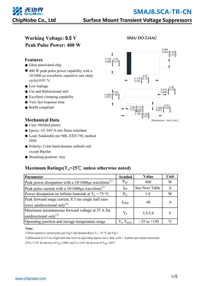 ChipNobo SMAJ series datasheet page 1
