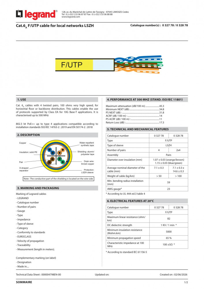 Legrand 032878 Cat 6A F/UTP cable datasheet page 1