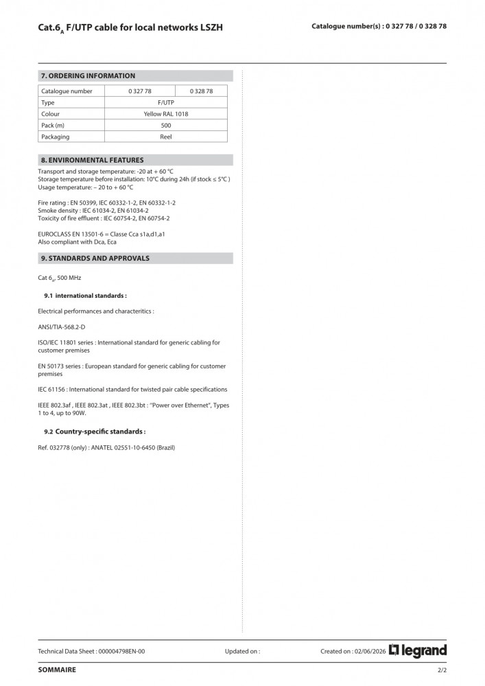 Legrand 032878 Cat 6A F/UTP cable datasheet page 2