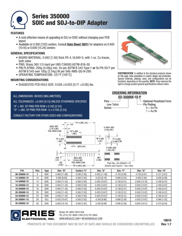 Aries Series 350000 SOIC and SOJ-to-DIP Adapter technical document